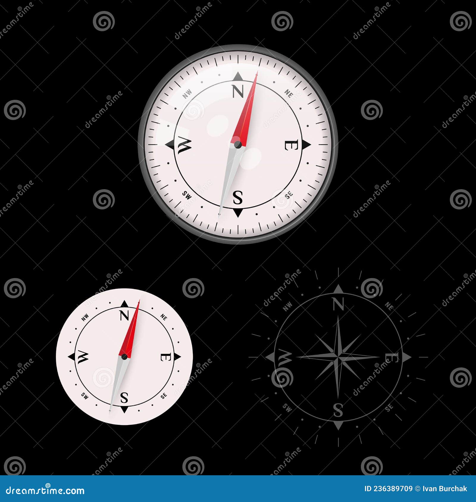 3D Vector Compass Icon Set with Glass and without Glass, Map Navigation ...