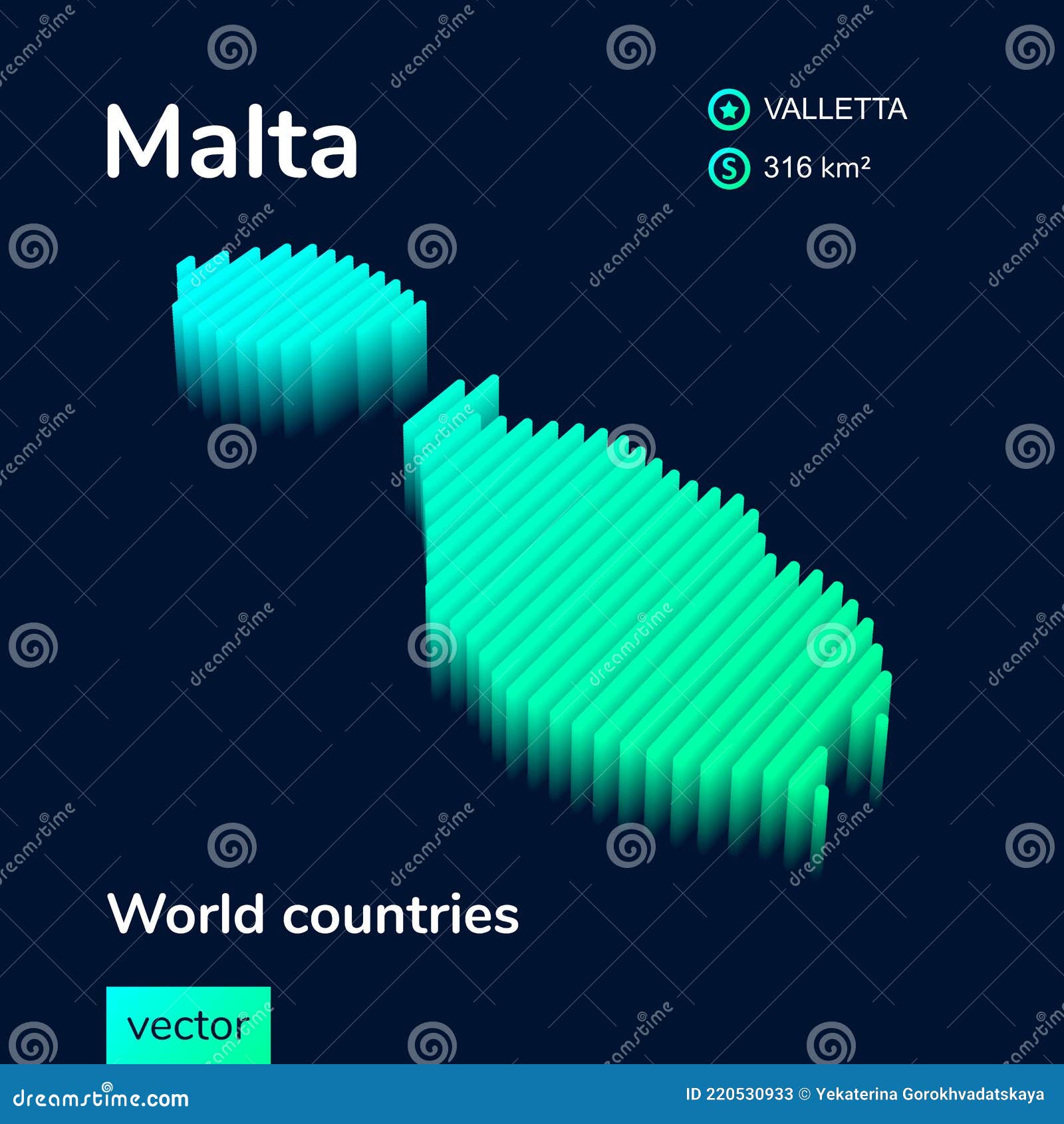 3d Vector Isometric Malta Map in Neon Turquoise Colors on a Dark Blue ...