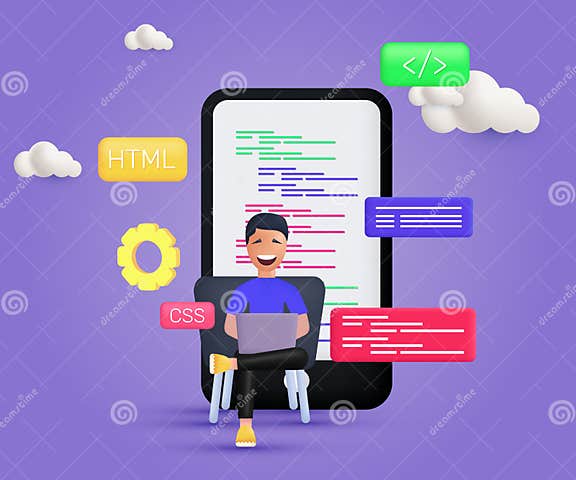 3d Vector Realistic Mobile Website Programming Coding Web Development Influencer Style Vector ...
