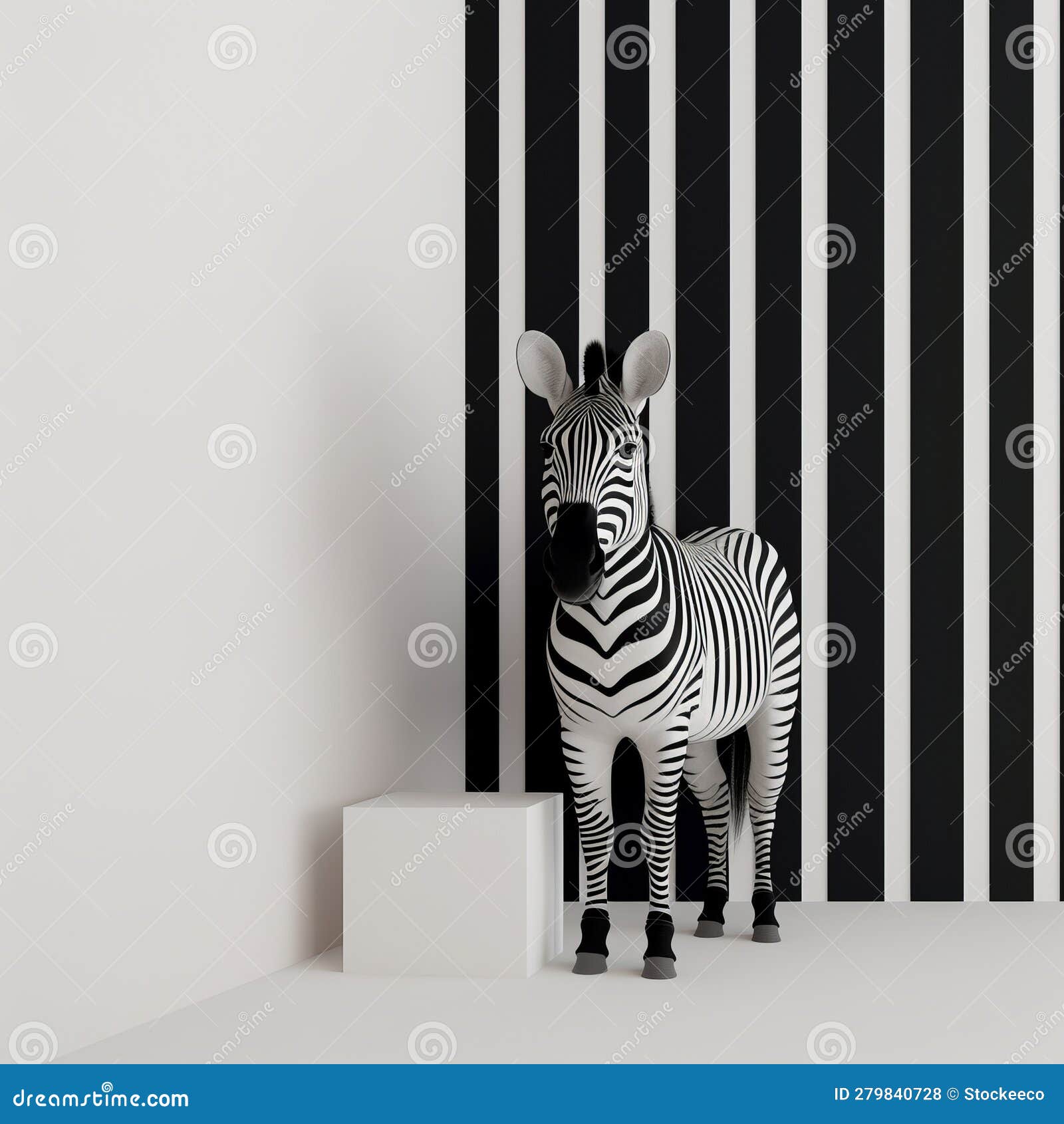 Minimalistic 3d Zebra and White Cube on Striped Wall Stock Illustration ...