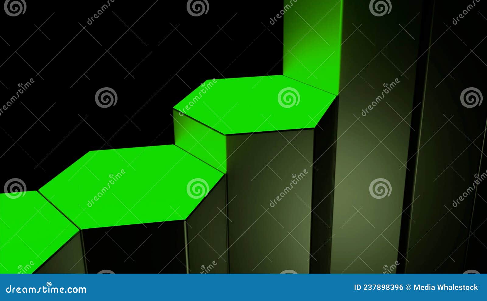 3D Vertical Green Bars of Hexagonal Shape Rising Up One by One on a ...