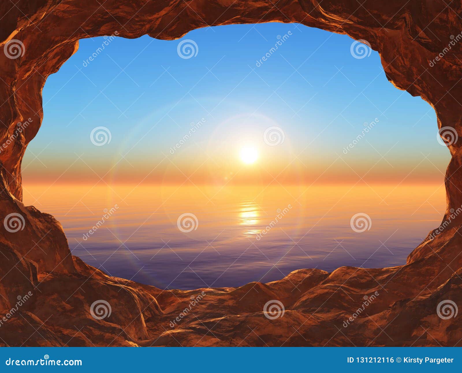 3D View From A Cave Onto Sunset Sea Stock Photography | CartoonDealer ...
