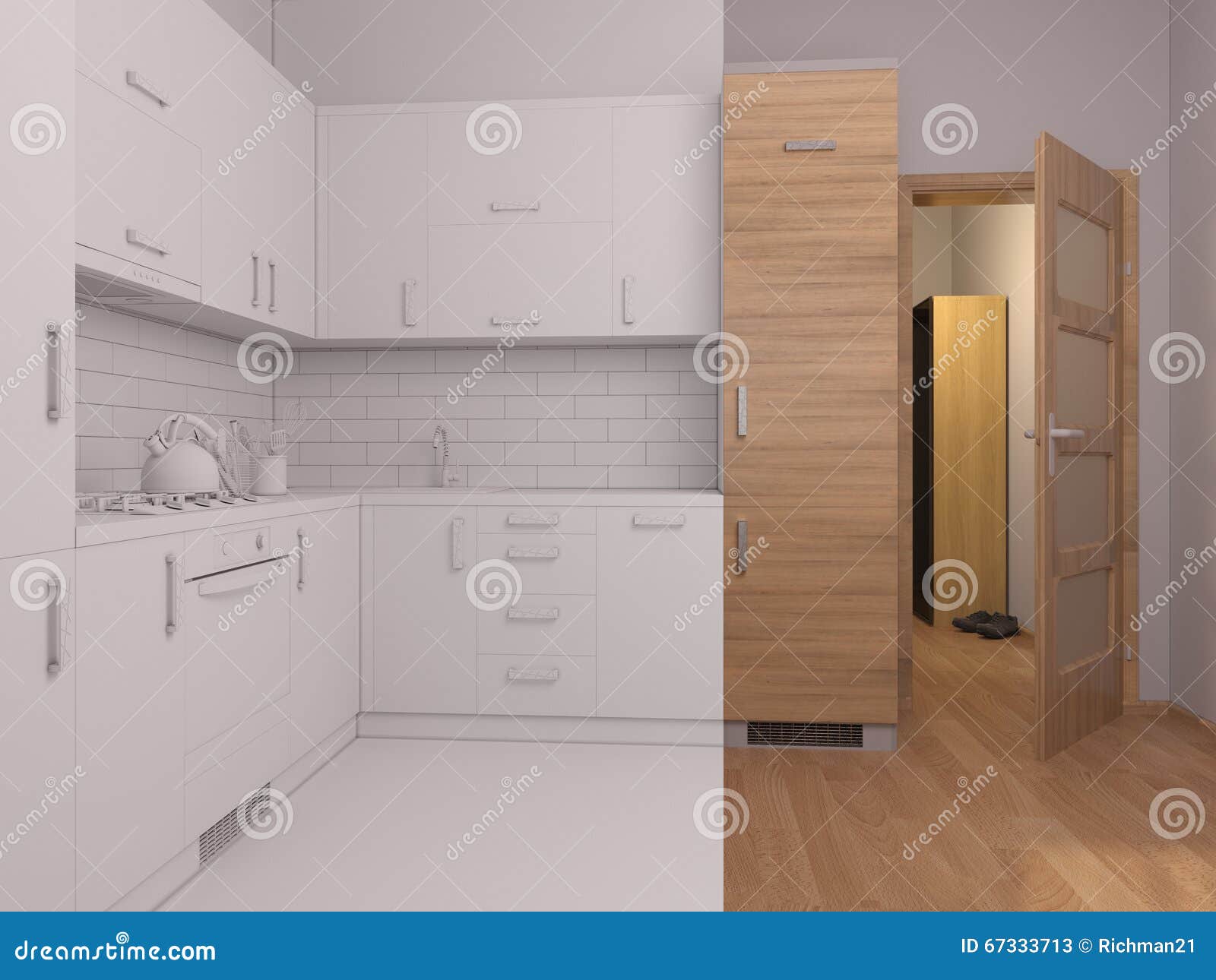 3D Visualization Collage of Interior Design Kitchen Stock Illustration ...