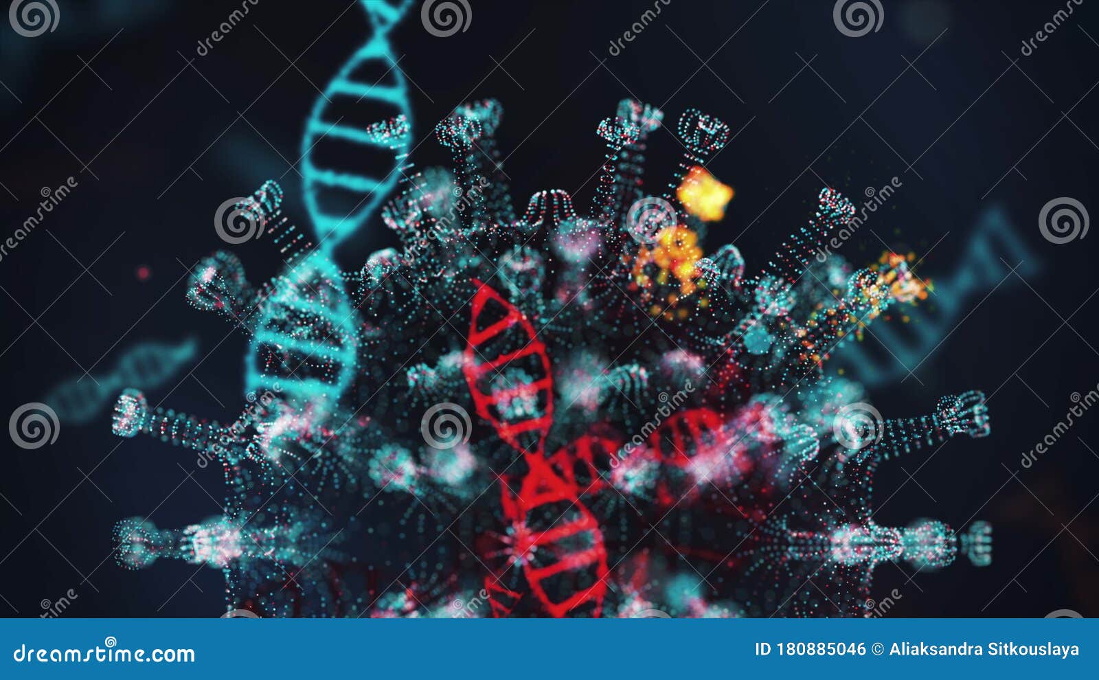 3D Visualization of the Coronavirus. Pathogens, and Dna Strand Shown As ...