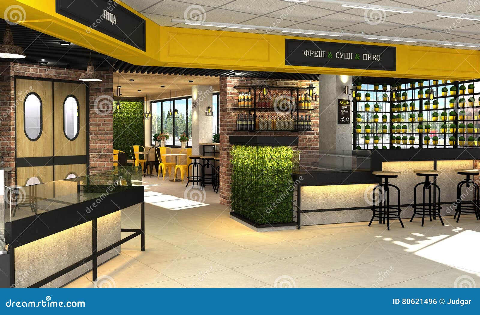 3d Visualization Of Food Store With A Cafe Inside. Public Interior In ...