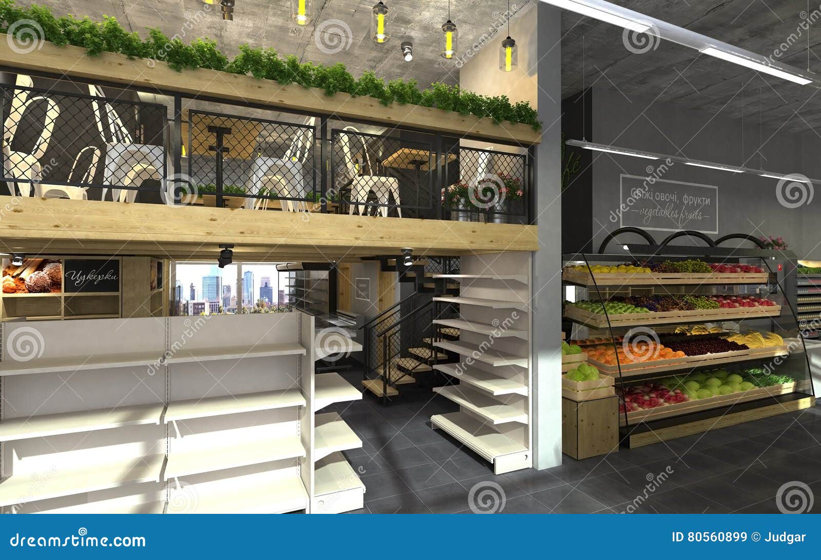 3d Visualization Of Food Store With A Cafe Inside. Public Interior In ...