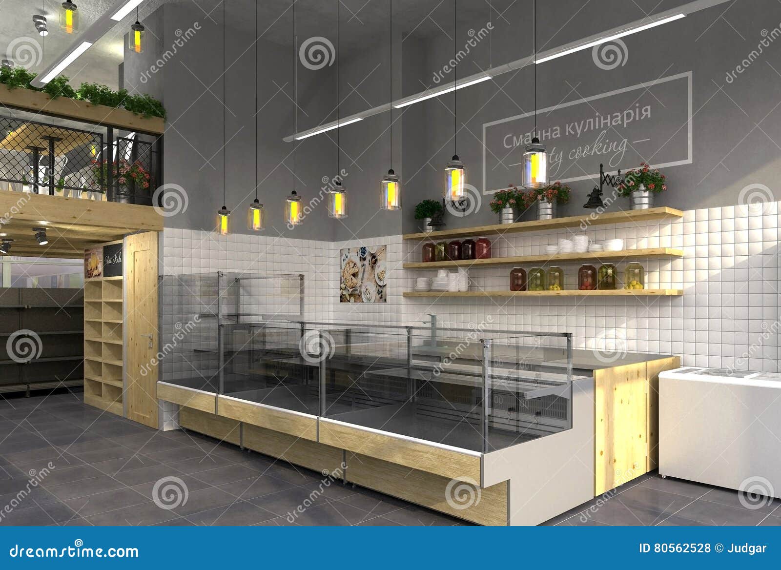 3d Visualization Of Food Store With A Cafe Inside. Public Interior In ...