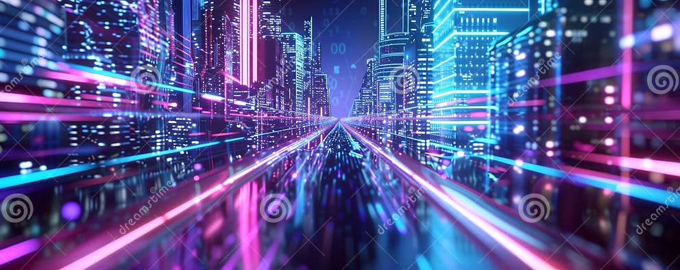 A 3D Visualization of a Futuristic Neon Bridge Spanning a Digital River ...