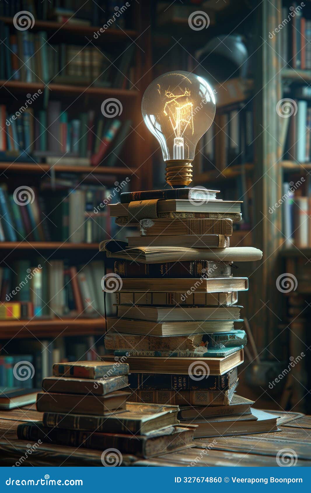3D Visualization of a Lightbulb Illuminating a Stack of Books ...
