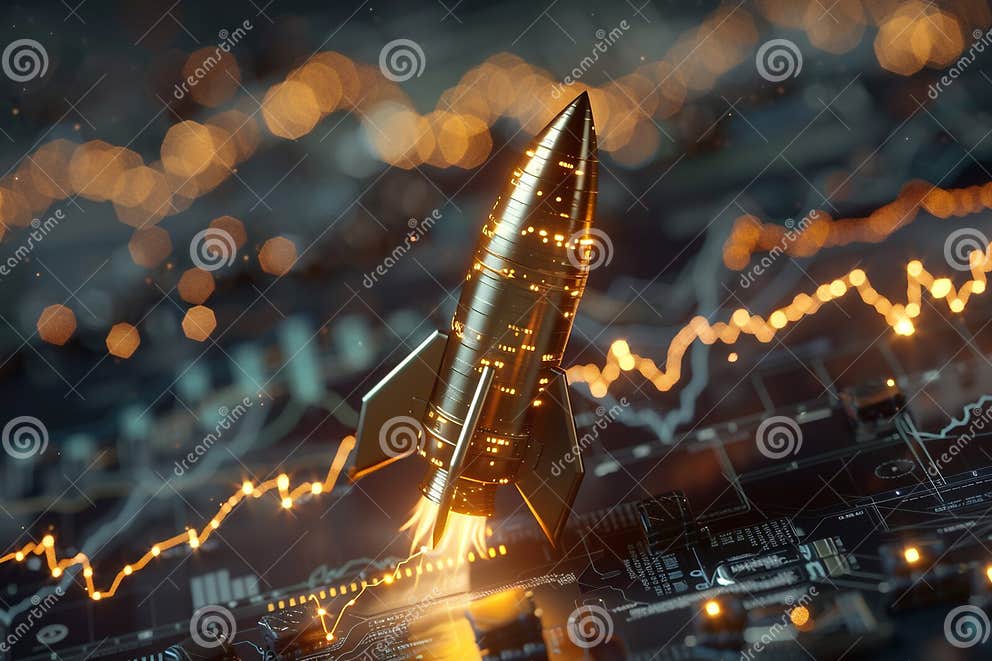 3D Visualization of a Rocket Made of Gold Soaring Above Financial ...