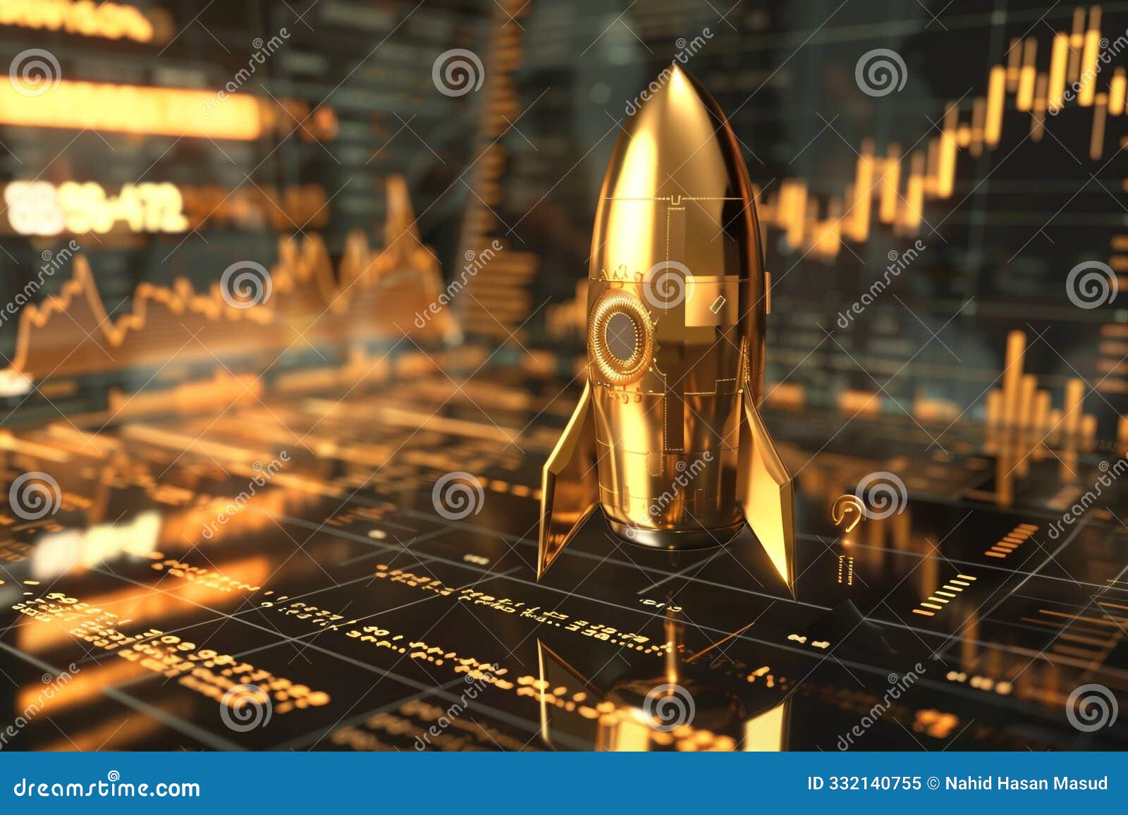 3D Visualization of a Rocket Made of Gold Soaring Above Financial ...