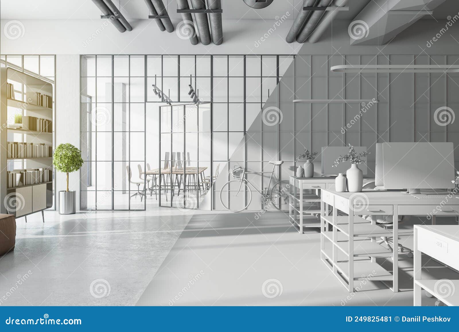 3D Visualization of Sunny Modern Open Space Office with Concrete Floor ...