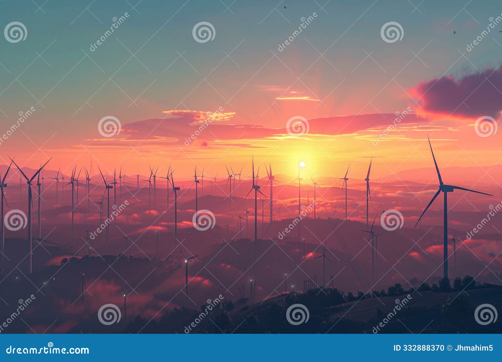 A 3D Visualization of a Wind Turbine Field at Sunrise with the Turbines ...
