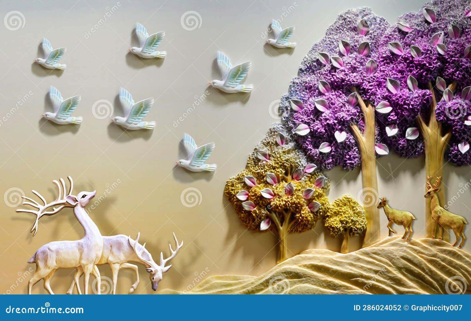 3D Wallpaper , 3d Deer with Beautiful Tree Design Stock Illustration ...