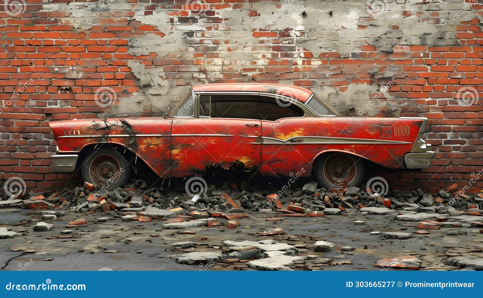 3d Wallpaper Design with a Classic Car Jumping Out of Broken Graffiti ...