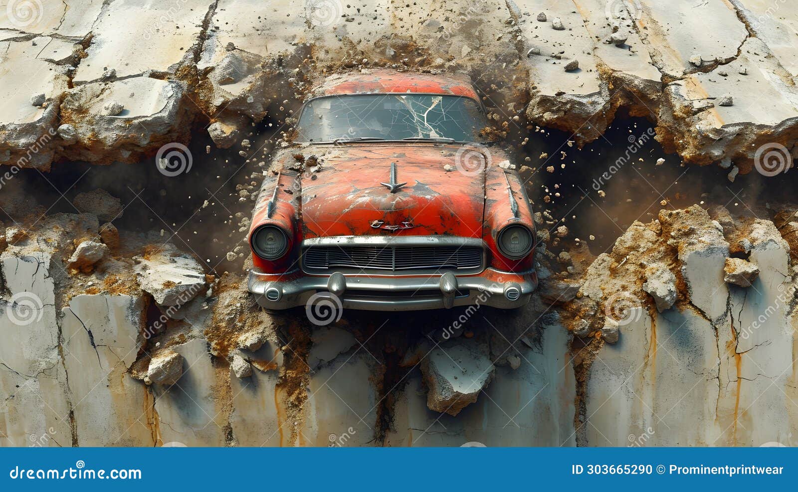 3d Wallpaper Design with a Classic Car Jumping Out of Broken Graffiti ...
