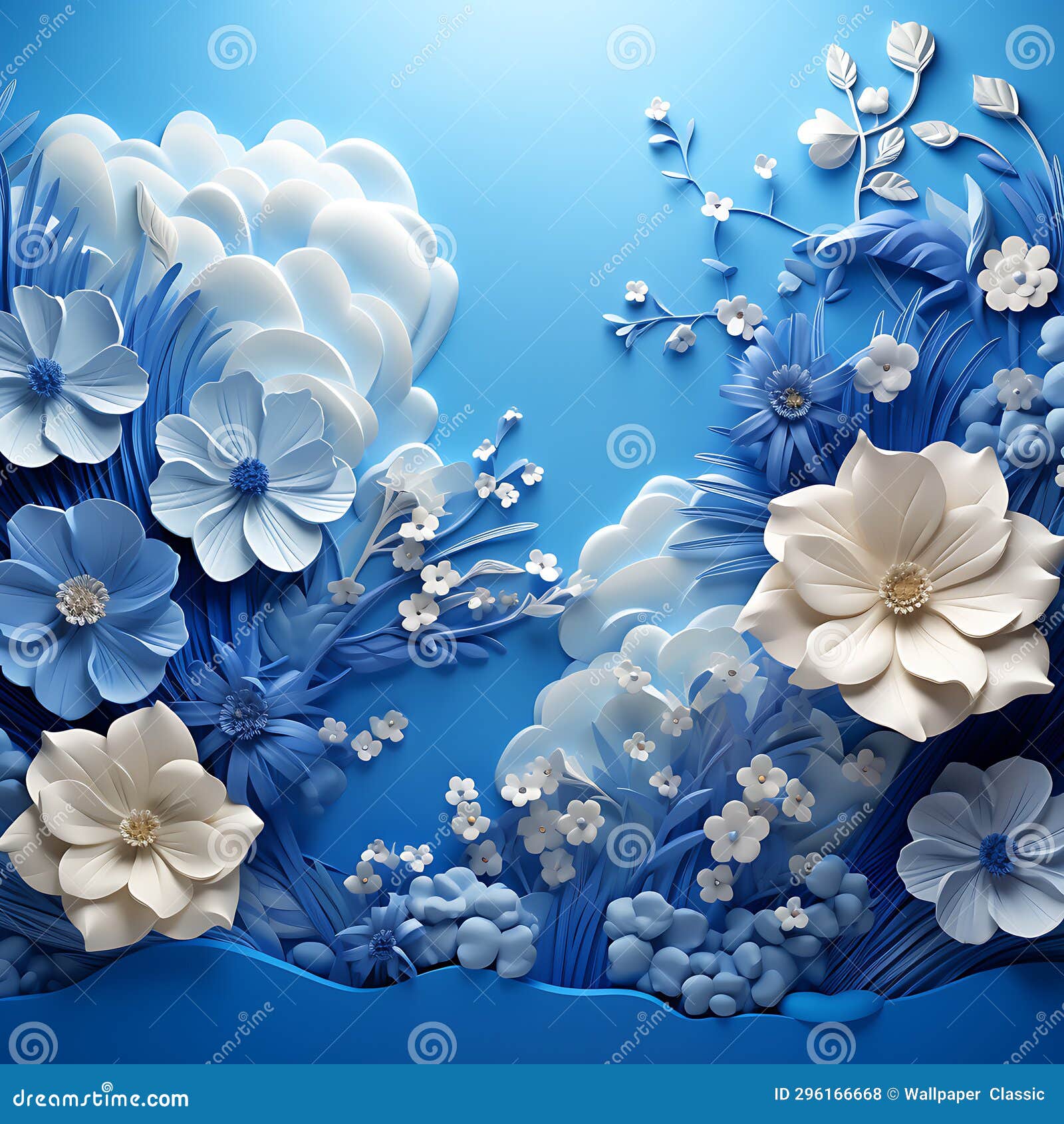 3d Wallpaper Design with Texture Background, White Flowers with Blue ...