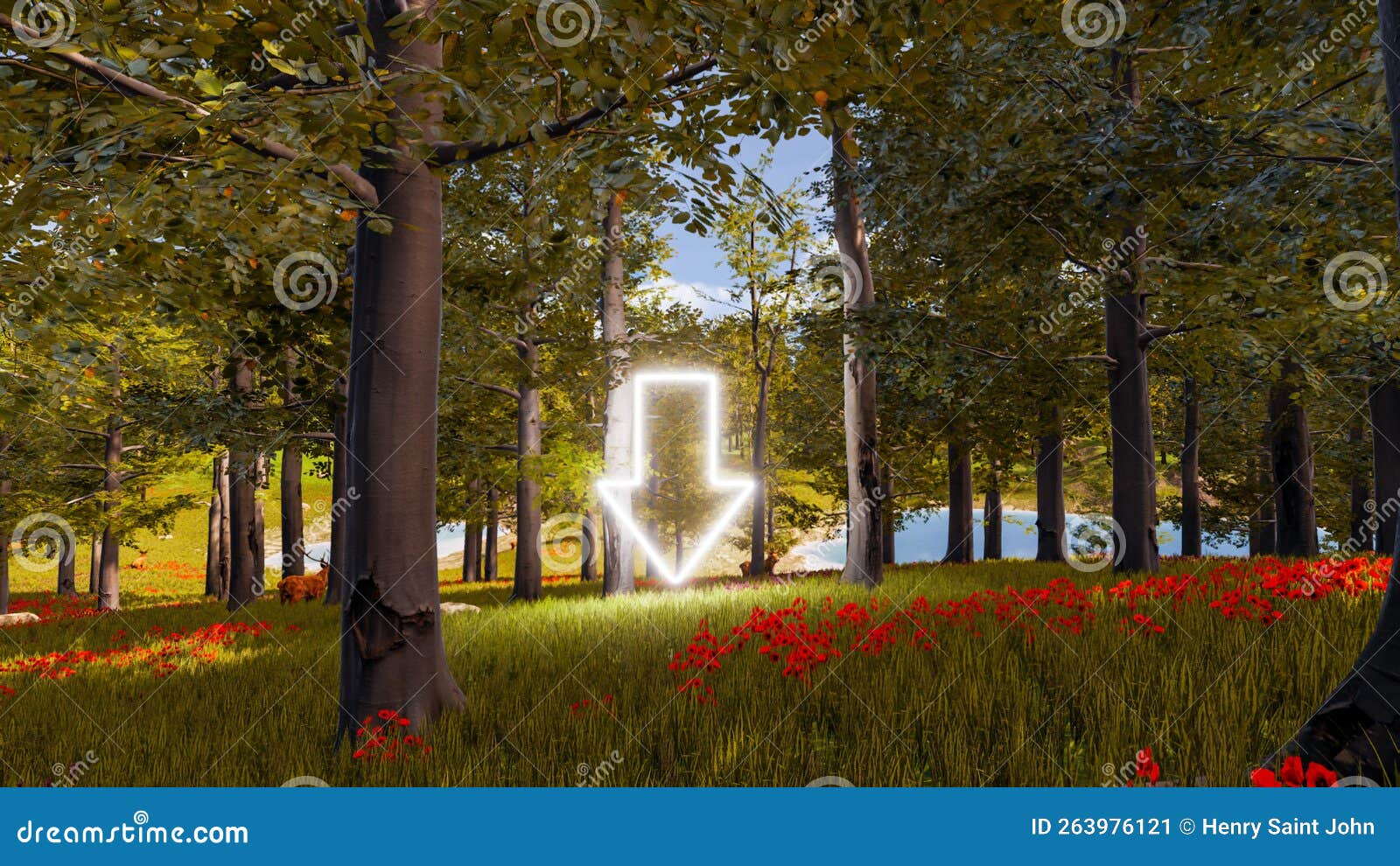 3D Wallpaper with Forest Environment with Down Arrow, Trees and ...