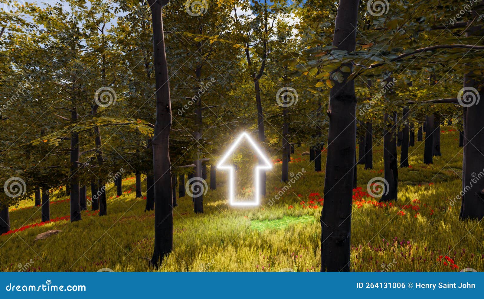 3D Wallpaper with Forest Environment with Up Arrow, Trees and Vegetation Stock Illustration ...