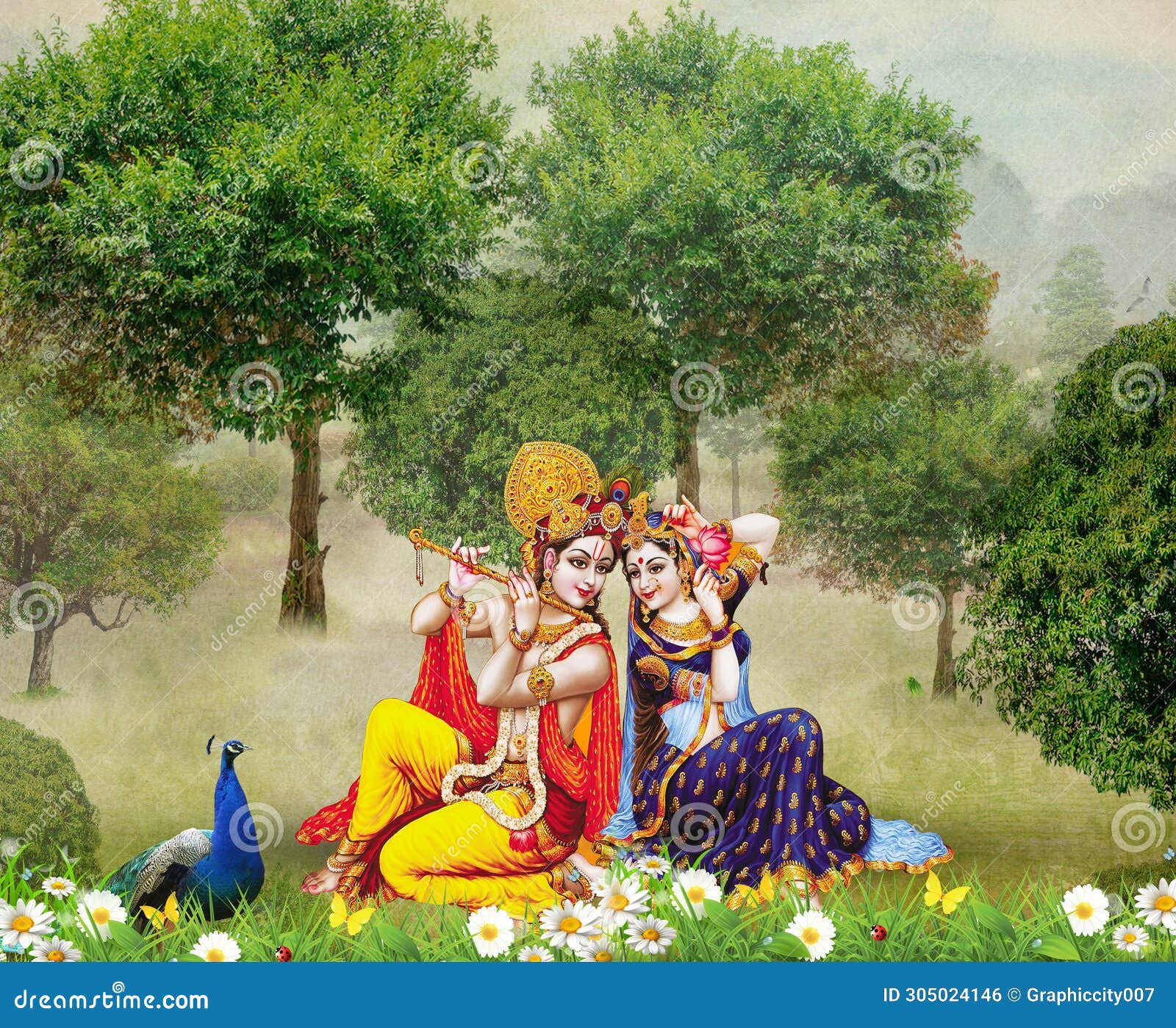 3d Wallpaper , Indian God Radha Krishna with Forest Background Stock ...