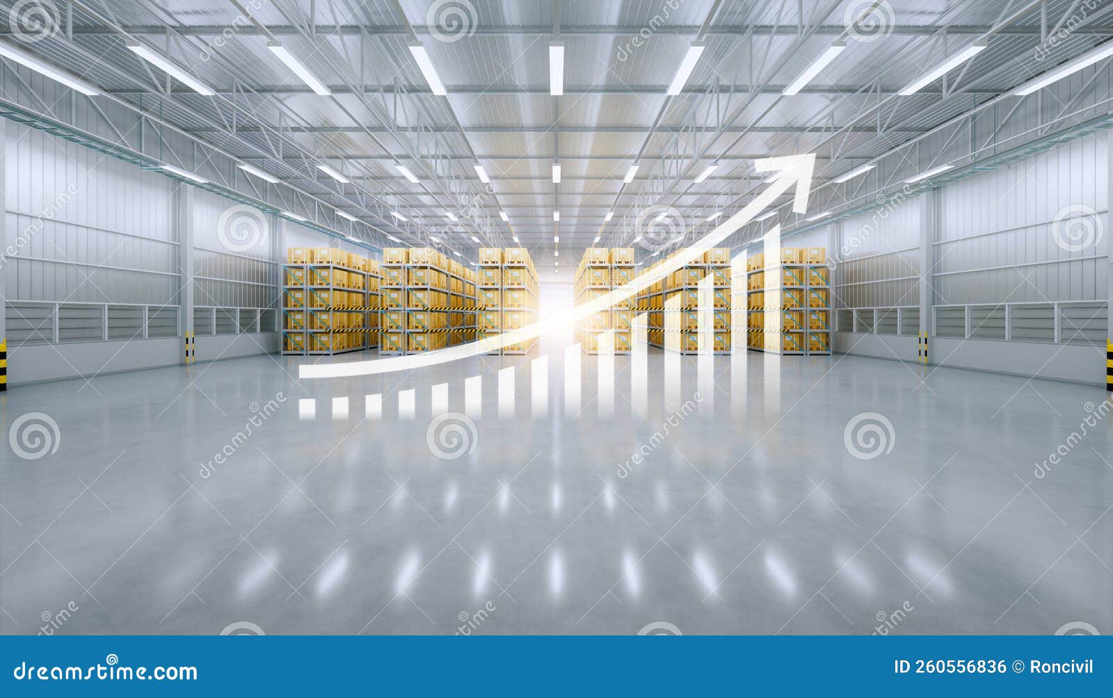 3d Rendering of Warehouse with Concept for Growth, Productivity. Stock ...