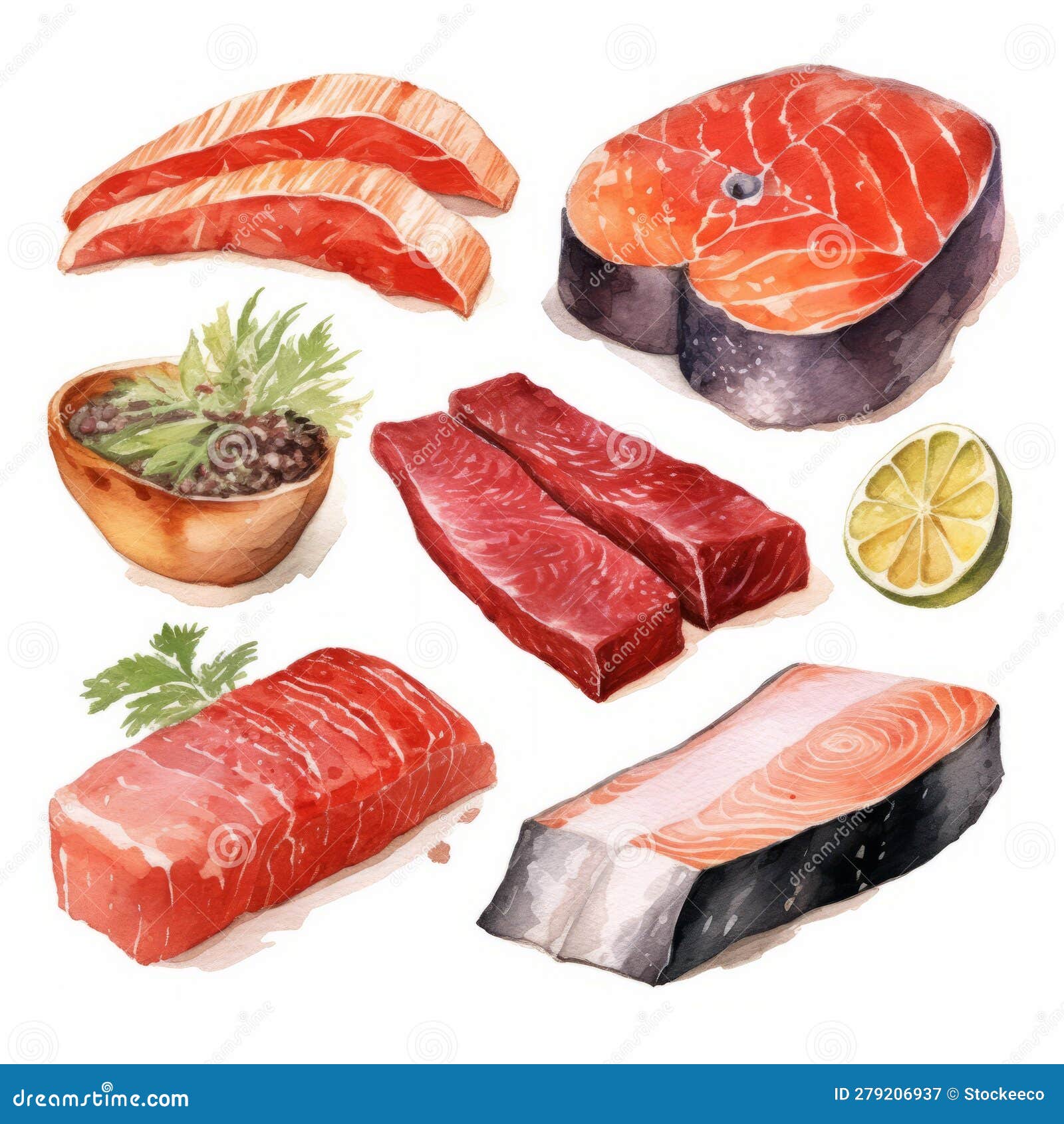 Steak Watercolor Set: Hyper Realistic Illustration of Various Sushi ...