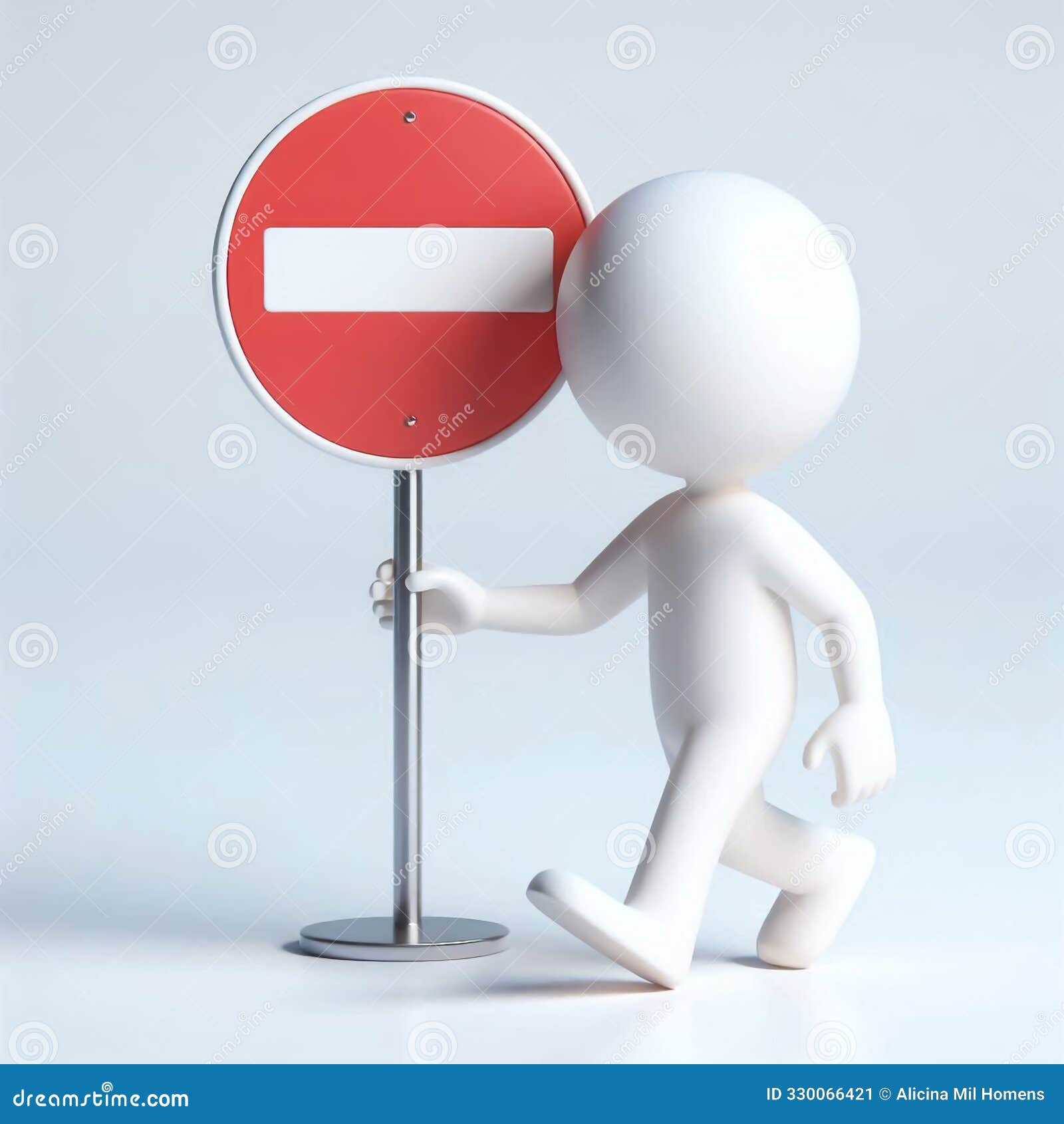 3D White Figure Cartoon with No Entry Sign on White Background Stock ...