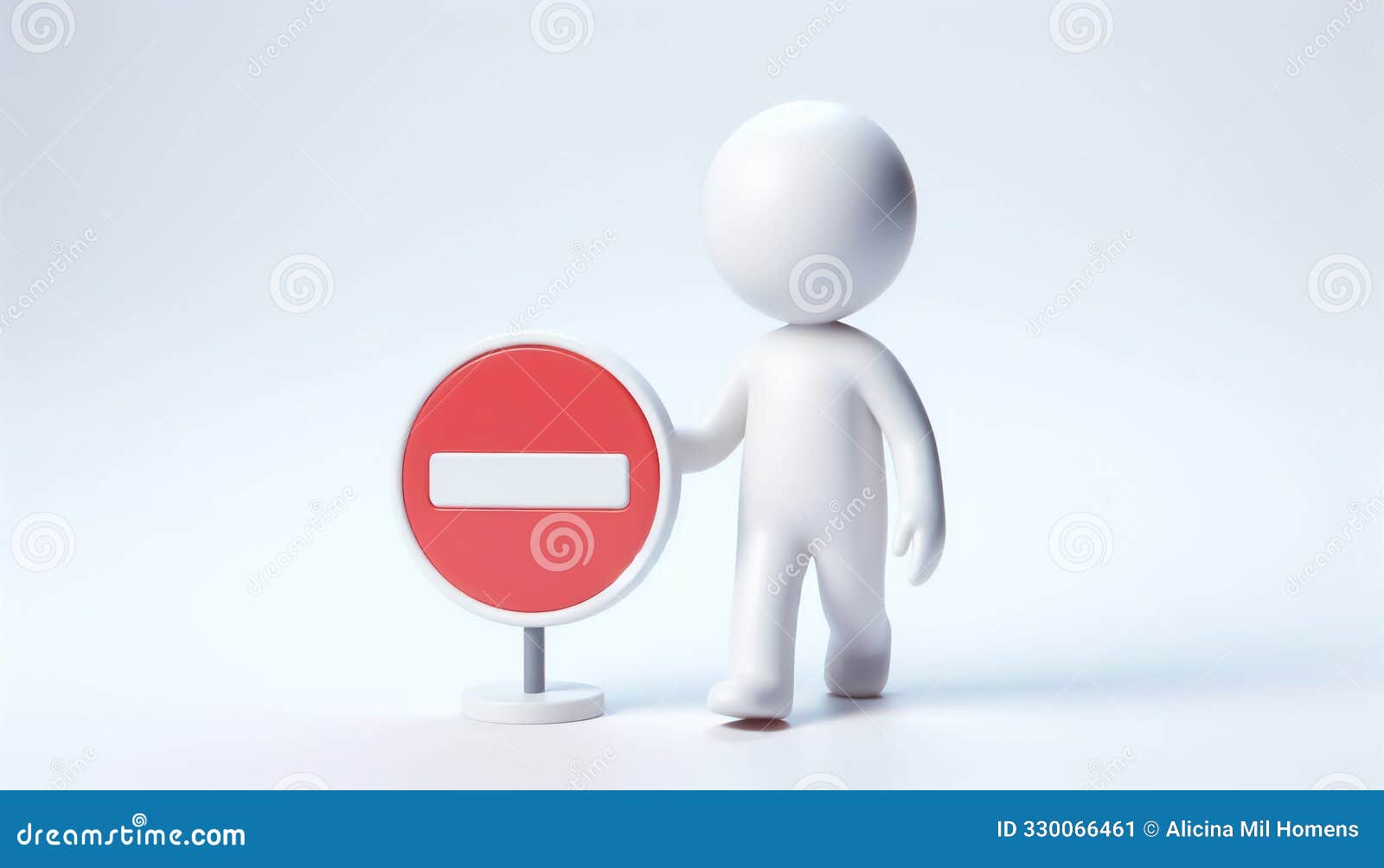 3D White Figure Cartoon with No Entry Sign on White Background Stock ...