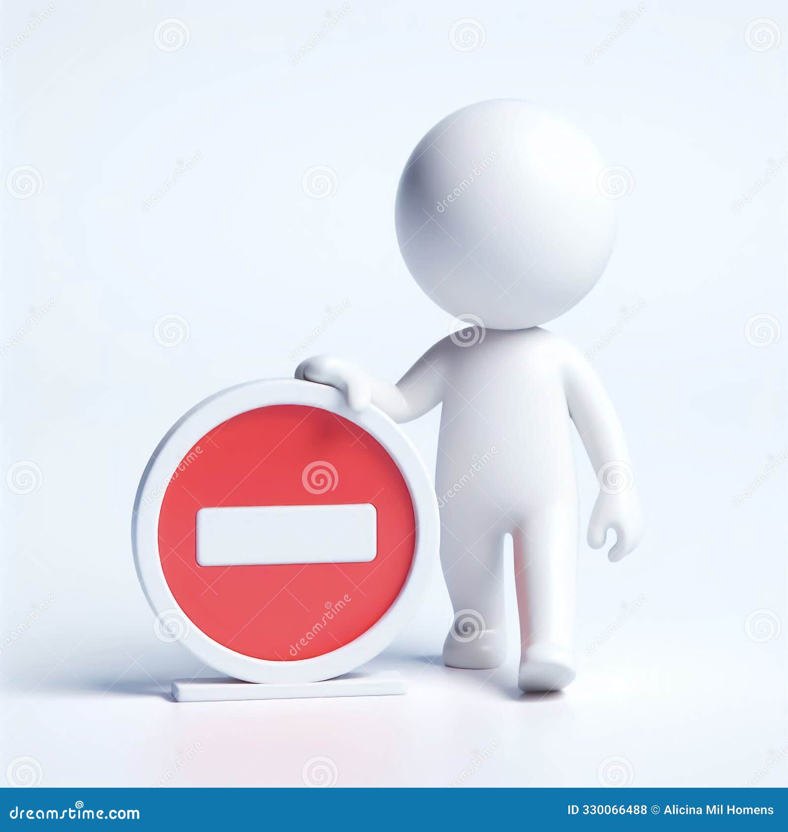 3D White Figure Cartoon with No Entry Sign on White Background Stock ...
