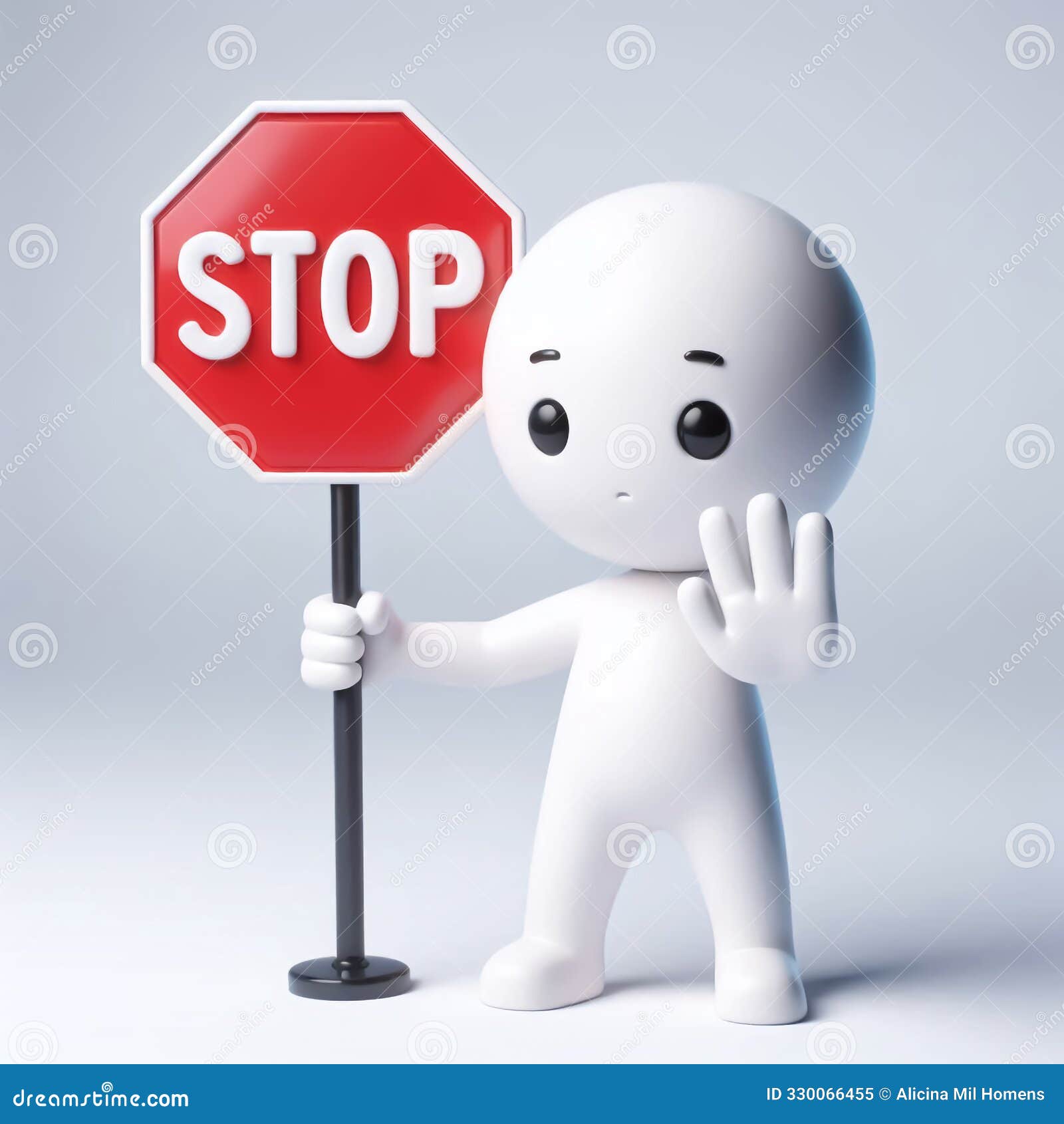 3D White Figure Cartoon with STOP Sign on White Background Stock ...
