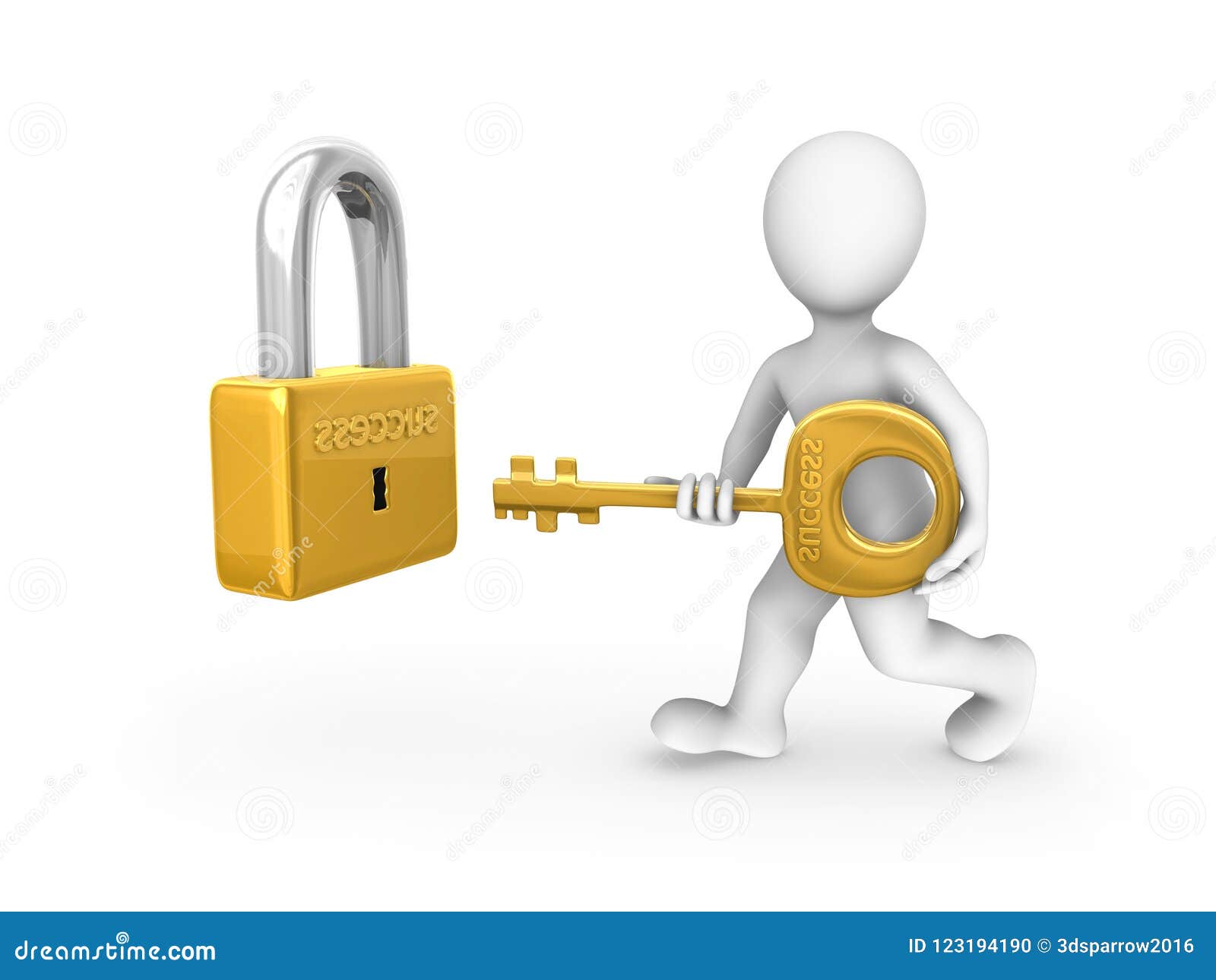 3d White Man with a Gold Key and Lock. Stock Illustration ...