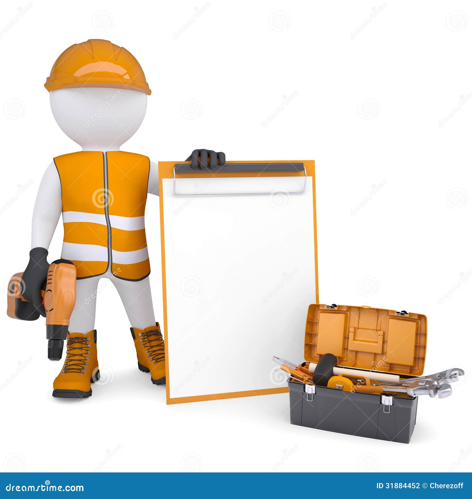 3d White Man in Overalls with Checklists and Tools Stock Illustration ...
