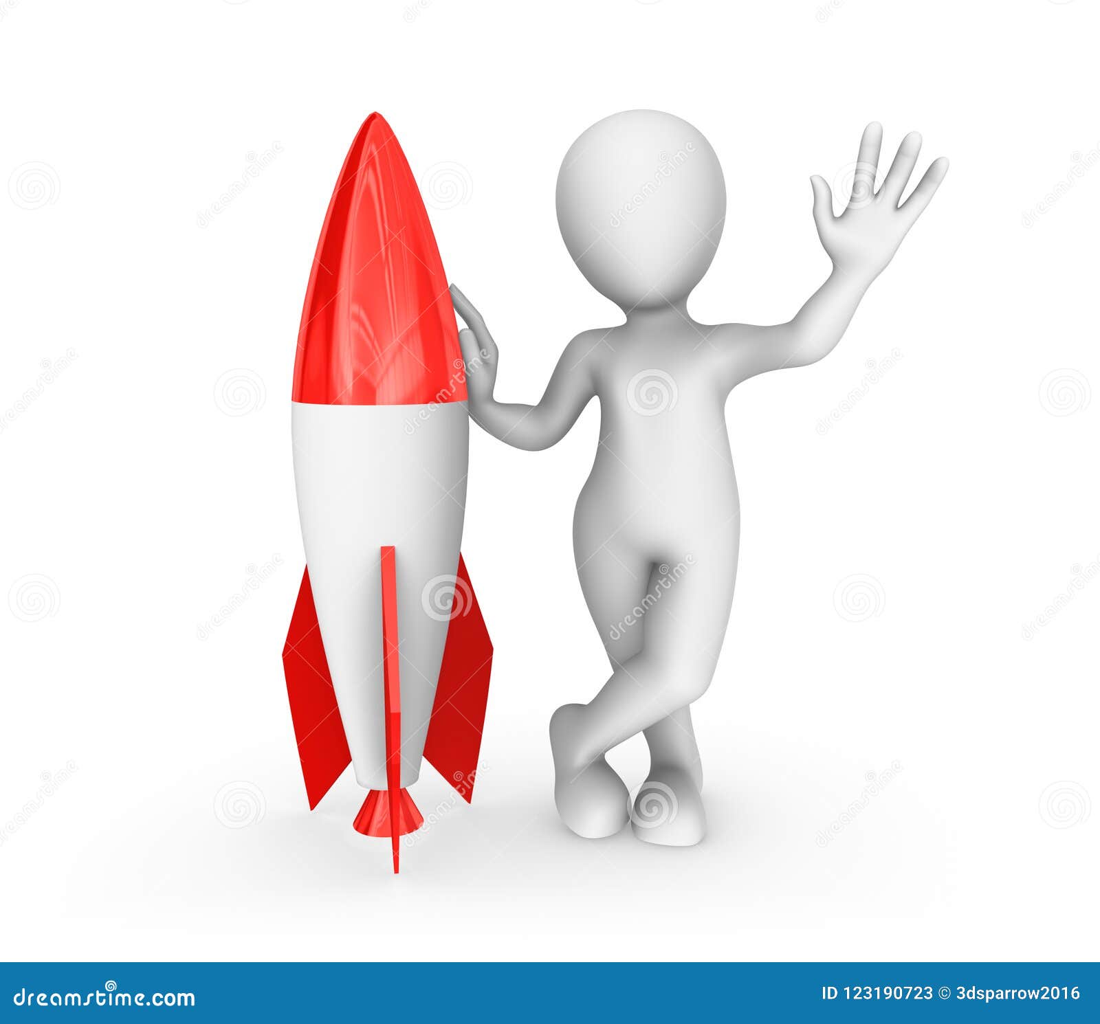 3d White Man with Red Rocket, Hello Gesture. Stock Illustration ...