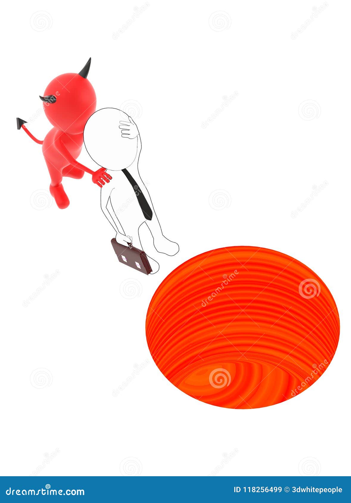 3d White Outlined Character is Pushed by a Devil Character into a Hole ...