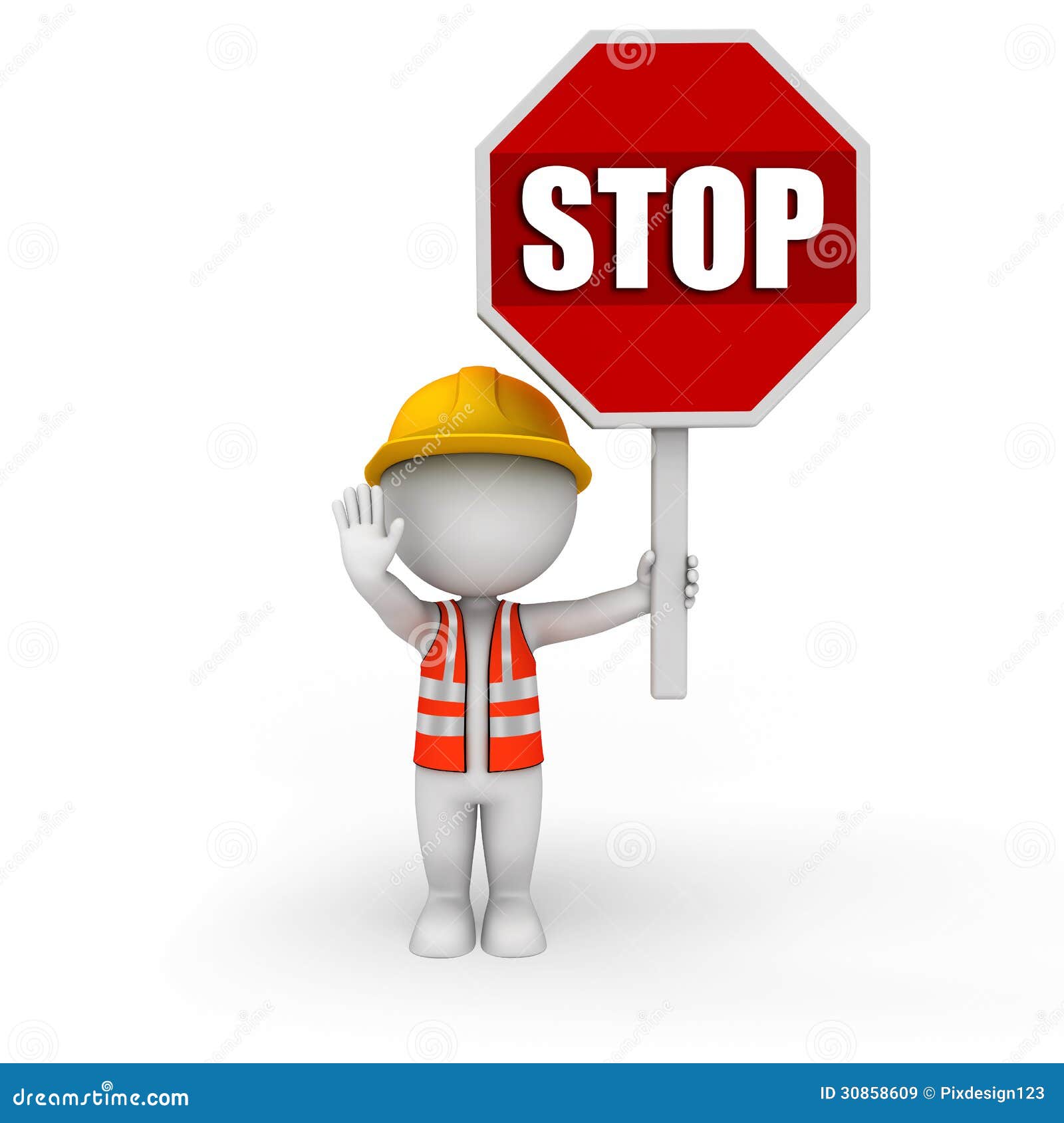 3d White People As Road Worker with Stop Sign Stock Illustration ...
