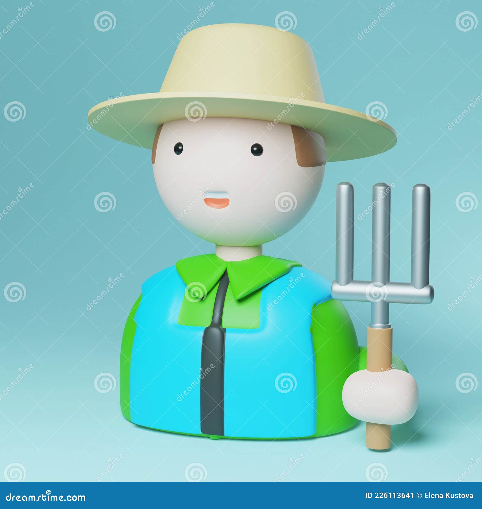 3d White People. Gardener, Farmer with a Rake in a Hat. 3d Illustration ...
