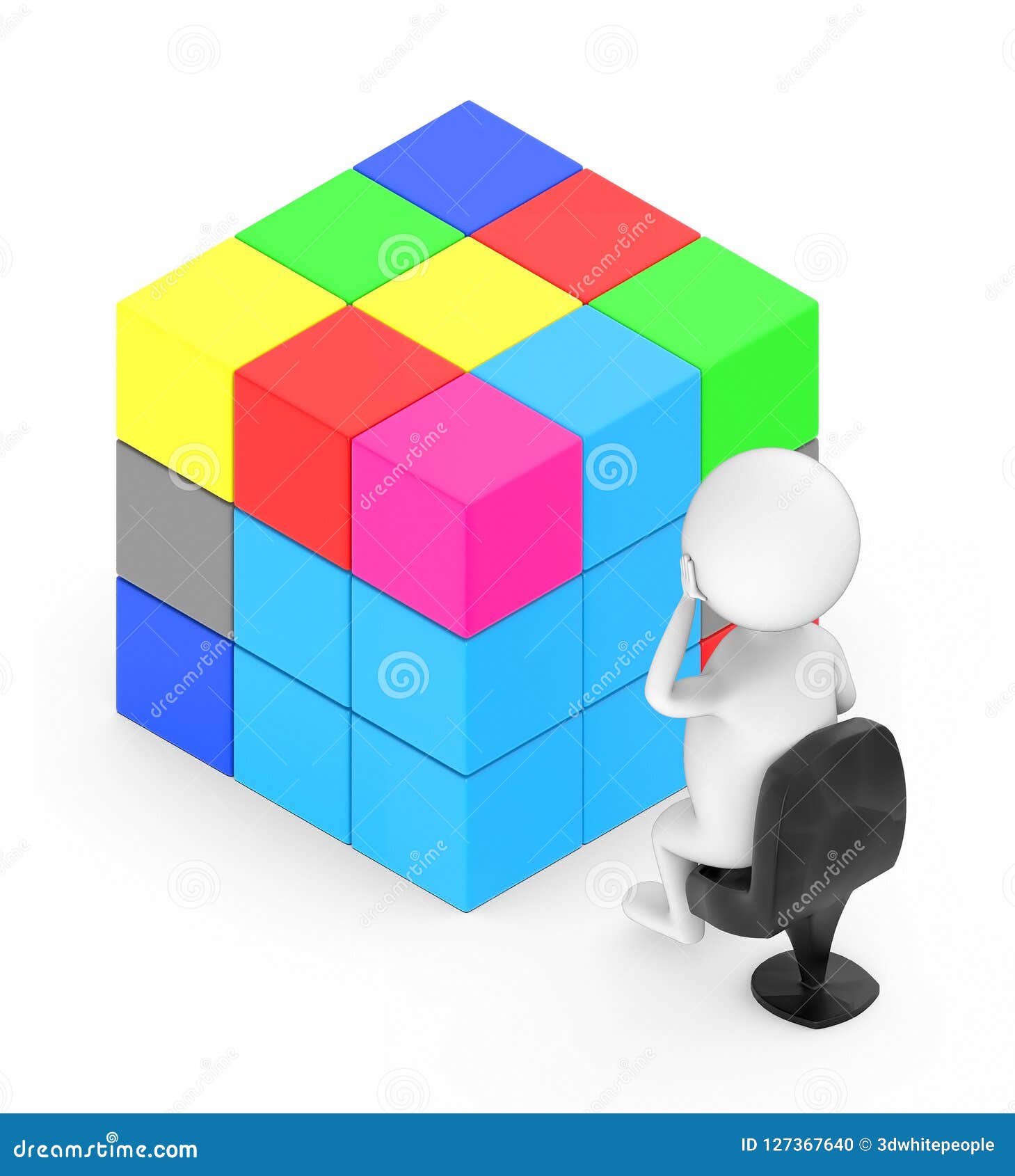 3d White People Sitting in a Chair and Looking at a Unsolved Rubix Cube ...