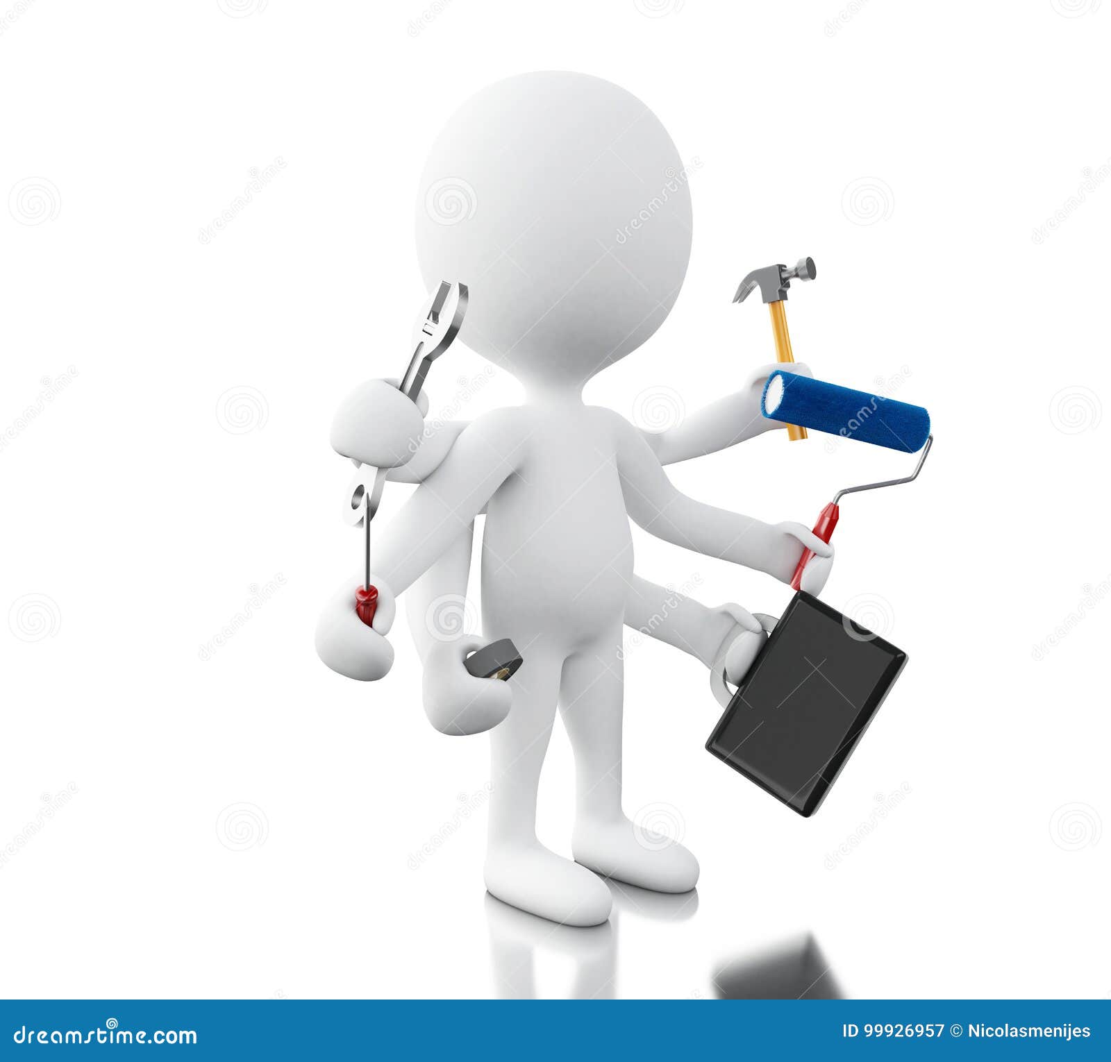 3d White People with Six Arms Holding Tools Stock Illustration ...