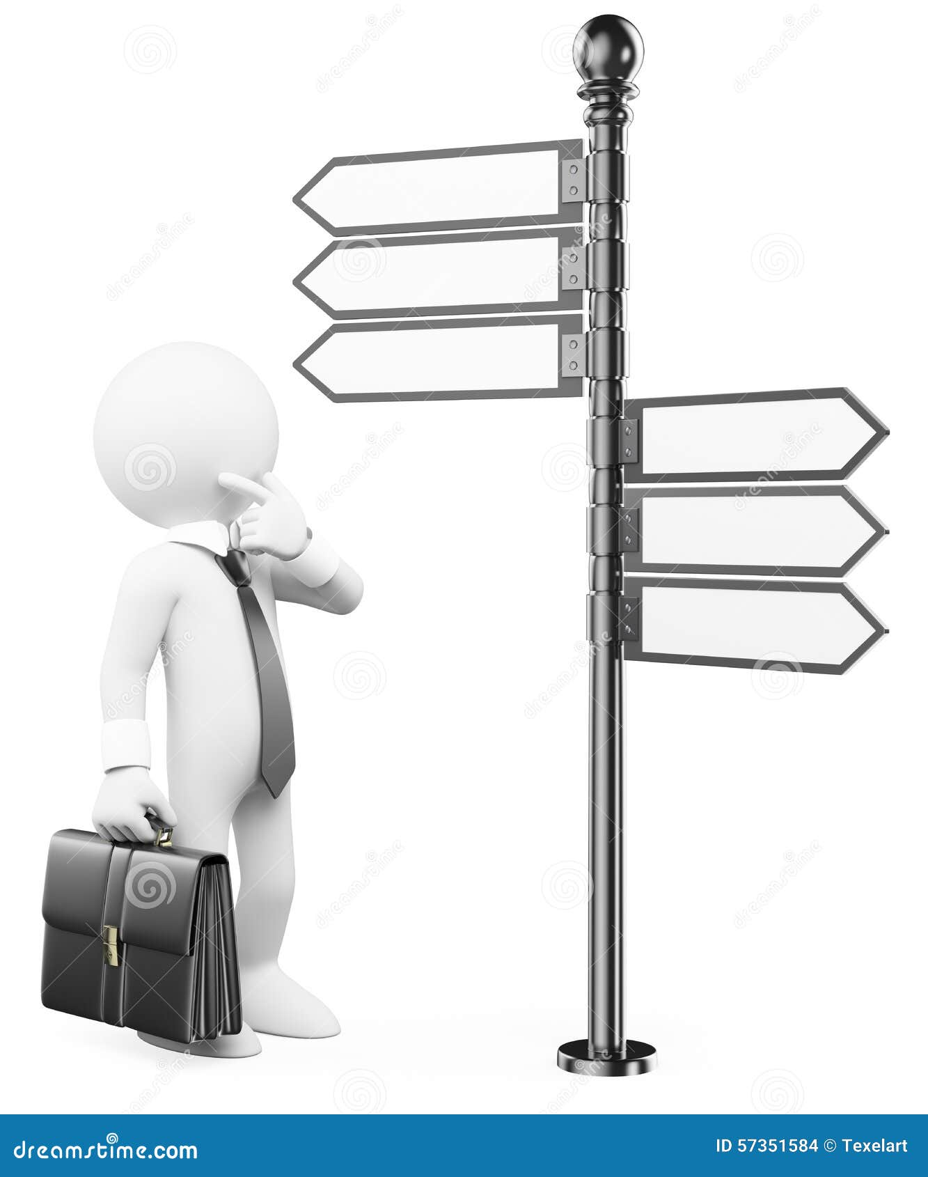 3D White People. Thoughtful Man with a Direction Sign Stock ...