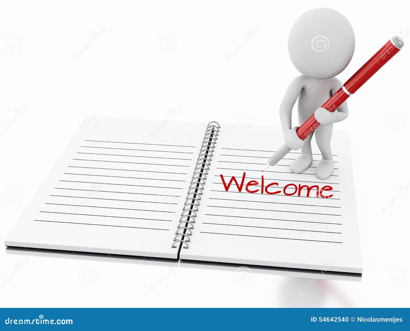 3d White People Writing Welcome on Notebook Page. Stock Illustration ...
