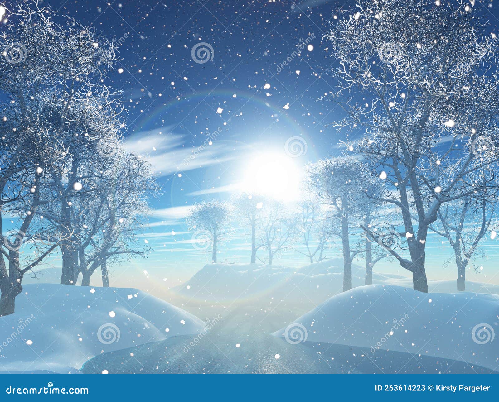 3D Winter Tree Landscape with Falling Snow Stock Illustration ...