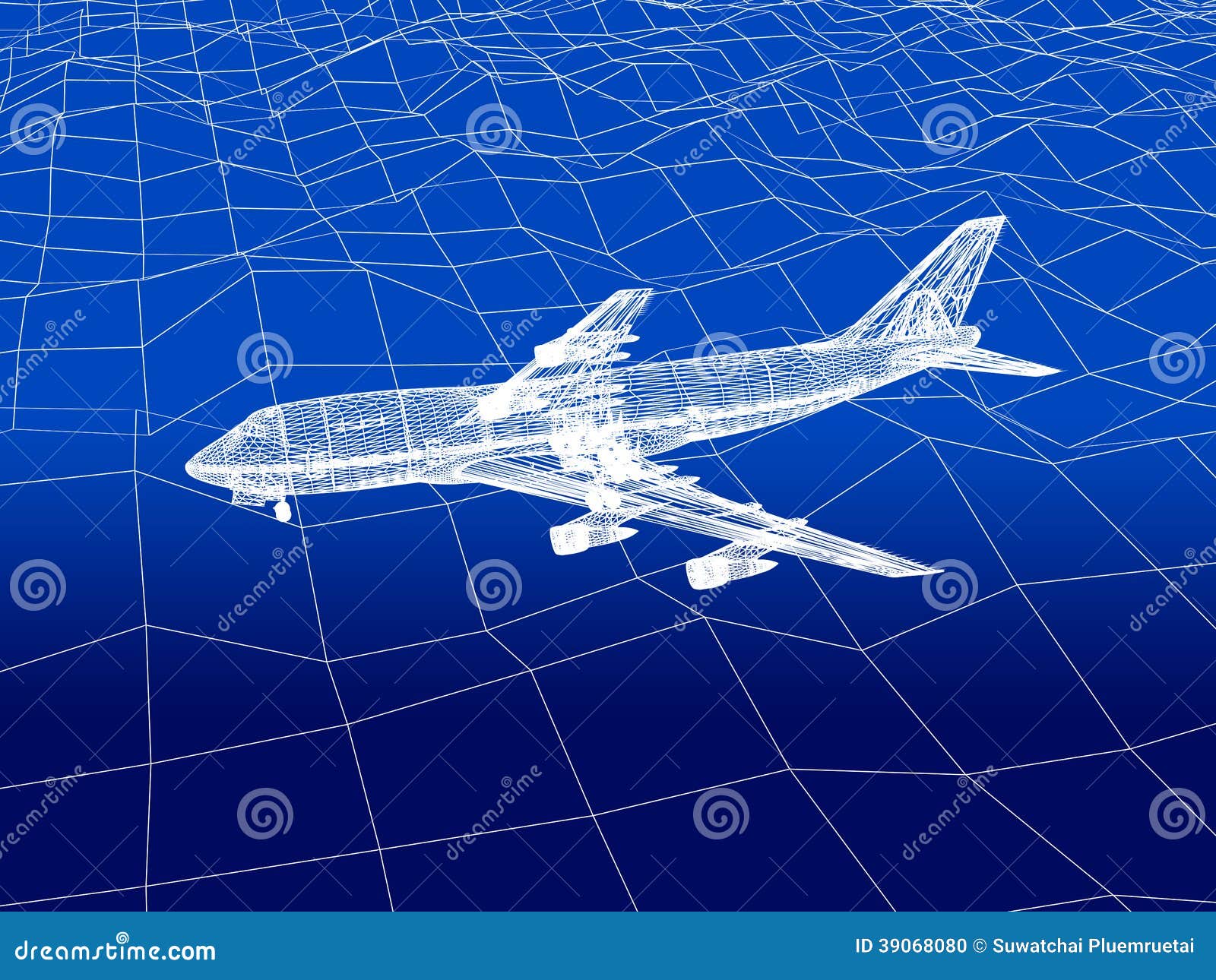 3D Wireframe of Airplane Flies Over a Sea Stock Illustration ...