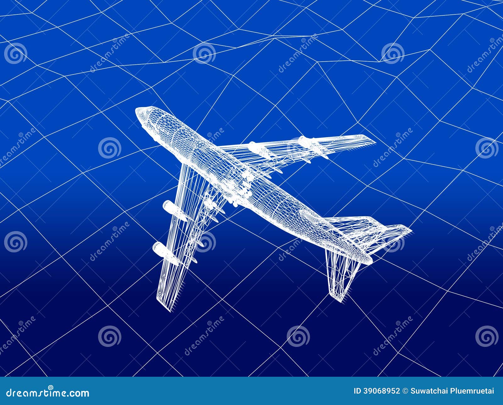 3D Wireframe of Airplane Flies Over a Sea Stock Illustration ...