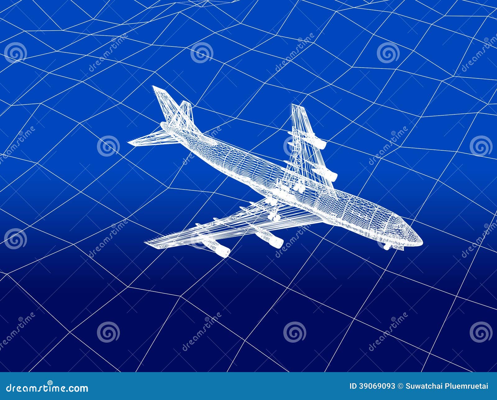 3D Wireframe of Airplane Flies Over a Sea Stock Illustration ...