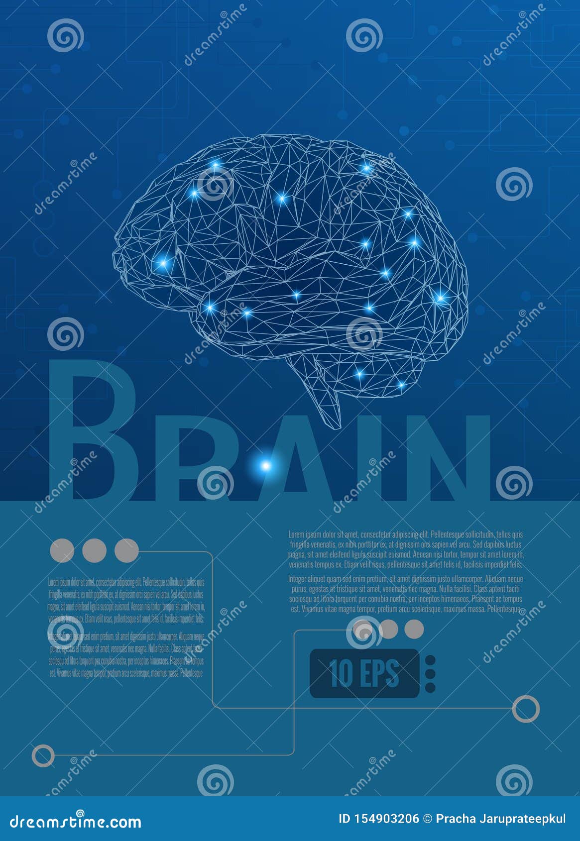 3D Wireframe Brain Illustration on Blue Graphic Layout Stock Vector ...