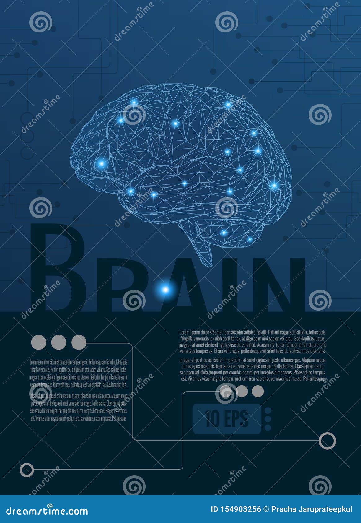 3D Wireframe Brain Illustration on Dark Blue Graphic Layout Stock ...