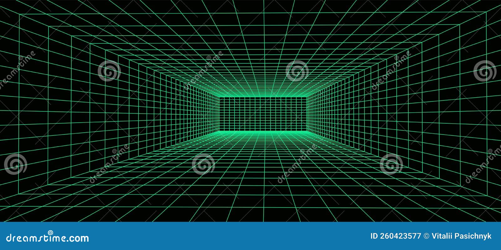 3d Wireframe Green Room. Abstract Perspective Grid. Retro Futuristic ...