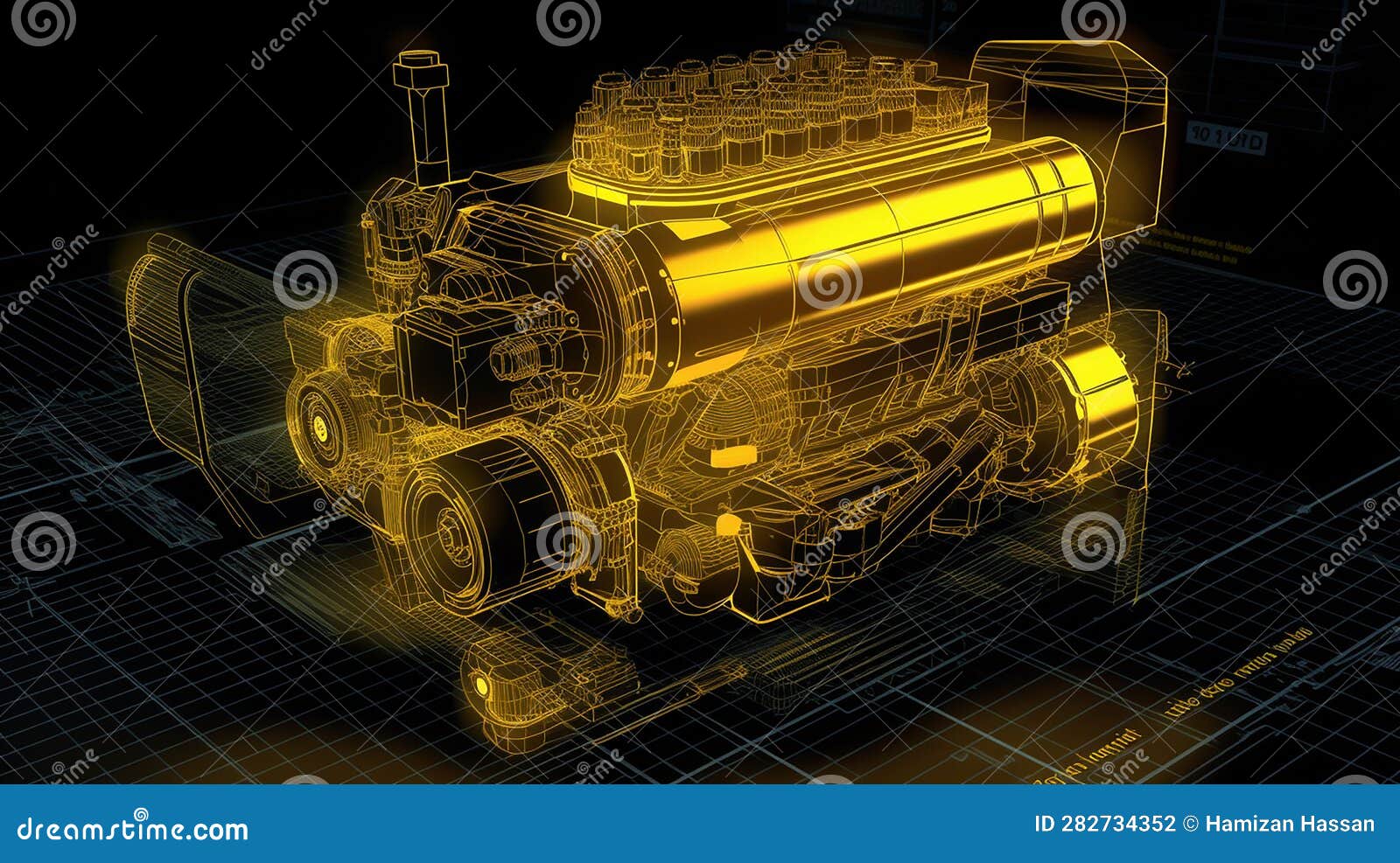 3D Wireframe Projection of a Combustion Engine, Revealing Network of ...
