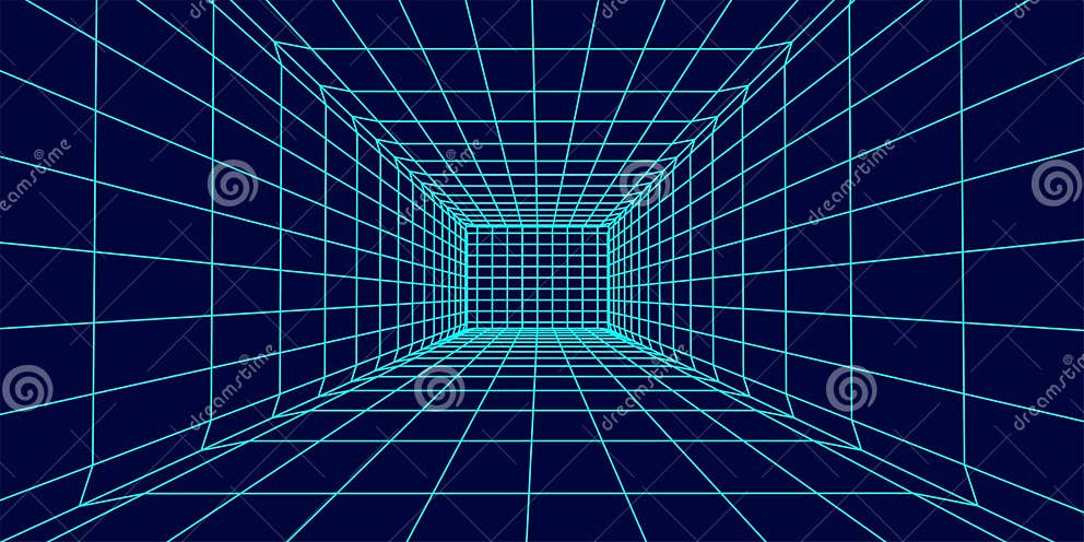 3D Wireframe Room on Blue Background. Abstract Perspective Grid. Vector ...