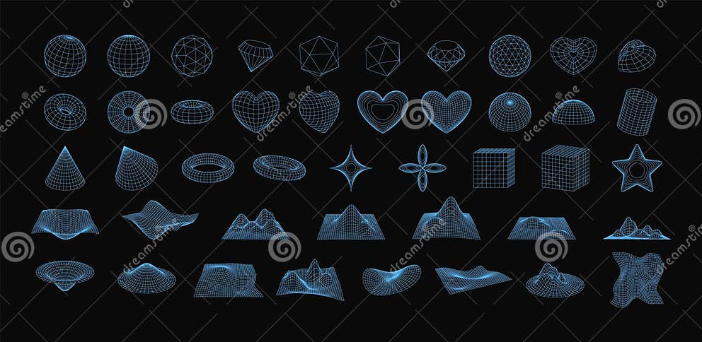 3d Wireframe Shapes Collection, Perspective Grid Figures, Tech Mesh ...